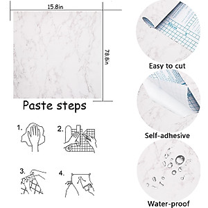 White/Gray Glossy Marble Contact Paper Wallpaper 15.8"x78.7" Peel and Stick Wallpaper Self Adhesive Thick Removable Waterproof DIY Vinyl Film for Kitchen Countertops Cabinet Furniture Refurbishment