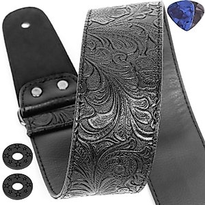 Guitar Strap, Printed Leather Guitar Strap PU Leather Western Vintage 60's Retro Guitar Strap with Genuine Leather Ends for Electric Bass Guitar,Wide Adjustment Range, with Tie,Include 2 Picks,Black