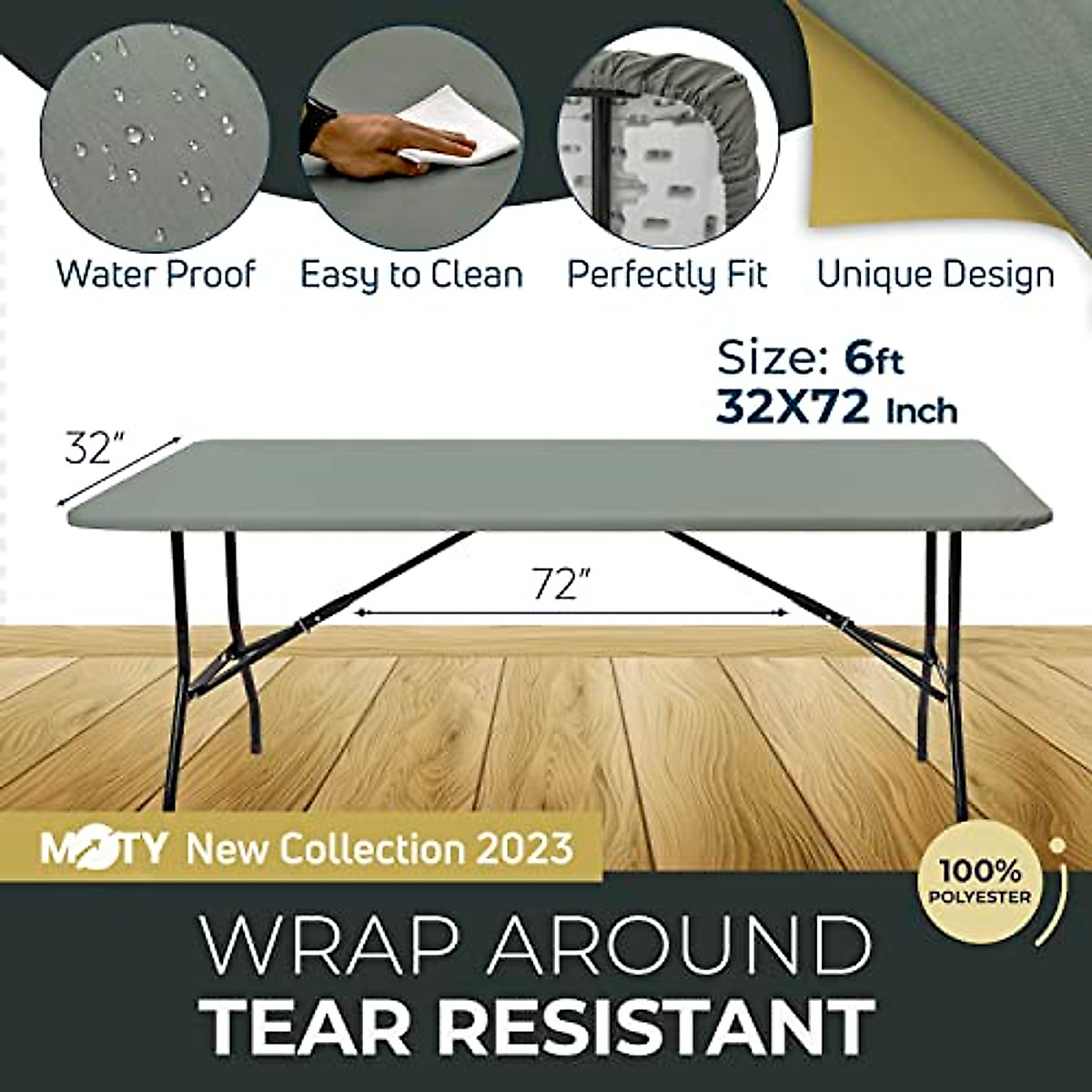 moty Folding Table Cover, Polyester Fitted Waterproof Outdoor Tablecloth Protector with Elastic for Rectangle Picnic Tables, Washable, Wrinkle Resistant, for Patio, Parties, Camping