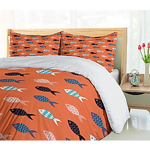 Ambesonne Peach Duvet Cover Set, Fishes Motif Nautical Marine Sea Underwater Creature Animal Aquarium, Decorative 2 Piece Bedding Set with 1 Pillow Sham, Twin Size, Coral Blue