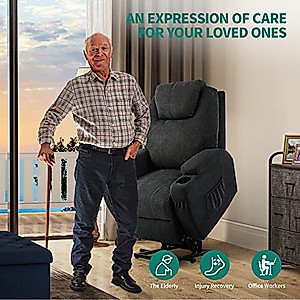 YITAHOME Power Lift Recliner Chair for Elderly, Electric Lift Chair with Heat and Massage, Fabirc Recliner Sofa with 2 Cup Holders, Side Pockets & Remote Control for Living Room,Grey
