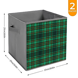 CWECVWE Fabric Storage Cubes Green Scottish Tartan Plaid, Pack of 2 Foldable Storage Bins with Handles for Organizing Pantry, Closet, Shelf, Toy Box, Cubby