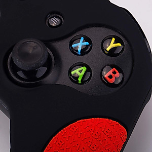YoRHa Thickened Rubber Silicone Cover Skin Case 3D Letters Massage Grip for Xbox One S/X Controller x 1(Black&Red) with PRO Thumb Grips x 8