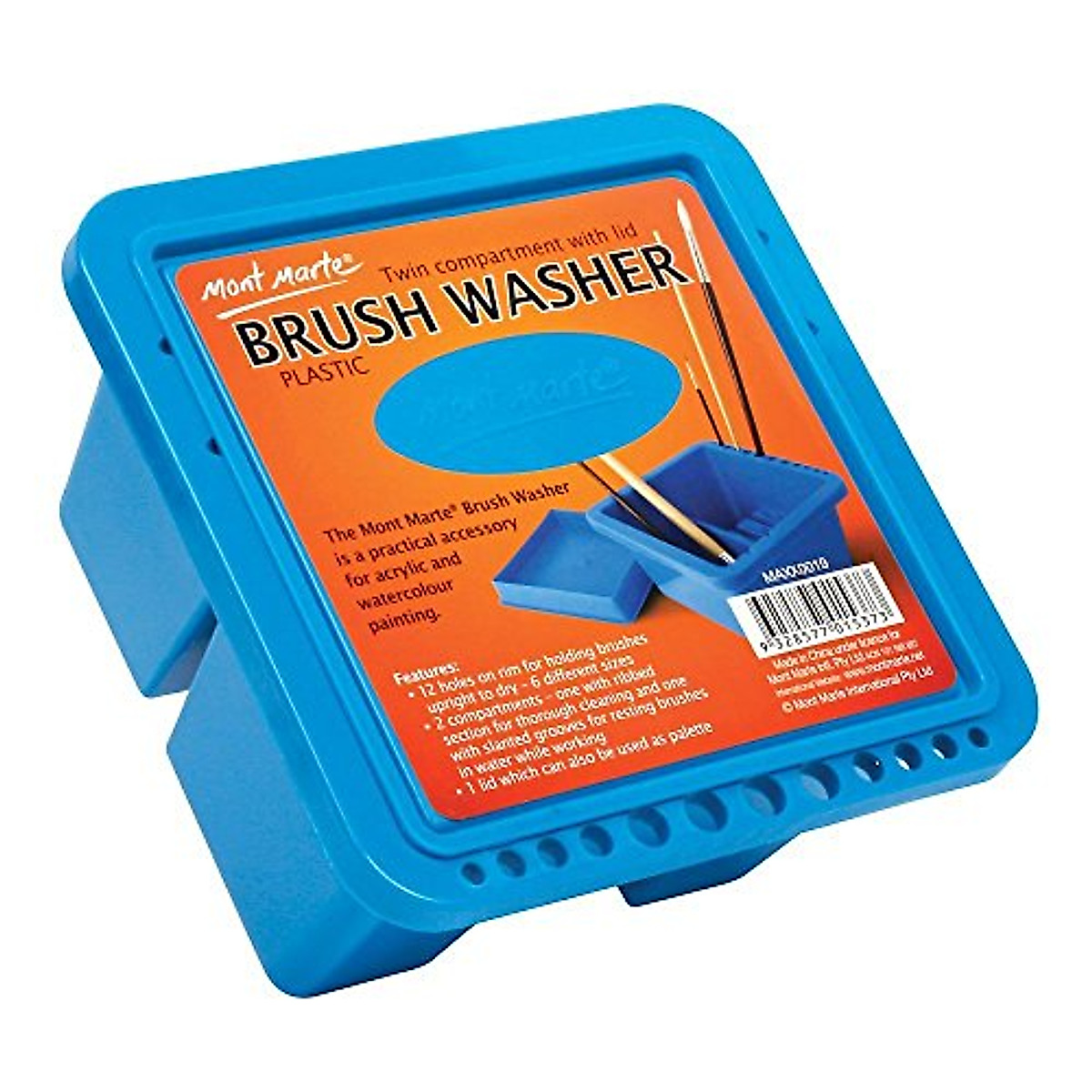 Mont Marte Twin Compartment Plastic Brush Washer. Easy Paint Brush Cleaning and Drying. Suitable for Acrylic and Watercolor Painting.