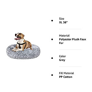 Poohoo Calming Faux Fur Donut Cuddler Dog Bed,Washable Round Cat Bed Pillow Cuddler Gradient Color(23"/30") for Small Medium Large Dogs (XL 36", Grey)