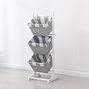 3-Tier Floor Stand with Water Hyacinth Storage Baskets,with Market Basket Storage Bins-Vertical Standing Rack for Living Room,Laundry, Bedroom, Bathroom,Office Organization(Three layers, White+Gray)