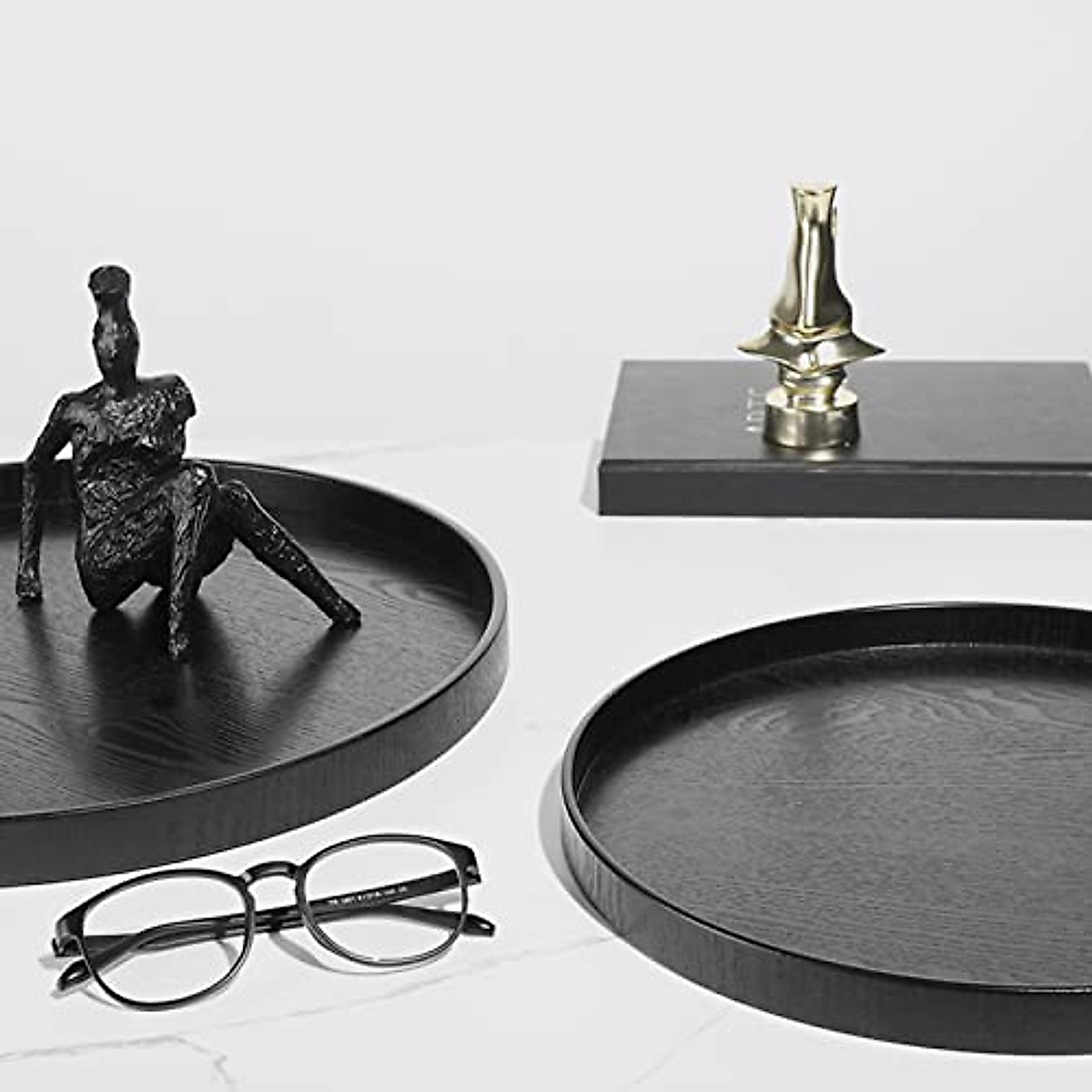 Round Solid Wood Serving Tray Large Tea Coffee Table Tray Snack Food Serving Platter Non-Slip Plate Kitchen Party Bar Server Breakfast Tray Ottoman Tray with Raised Edges (14.8inch/37.5cm) Black