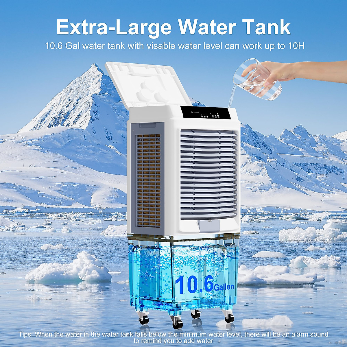 Uthfy Evaporative Air Cooler,3880CFM Swamp Cooler With 10.6 Gal Tank, 43" Portable Evaporative Cooler With Remote,12H Timer,4 Ice Pack,Oscillation,3 Speeds,3 In 1 Cooling Fan for Garage,Patio,Basement