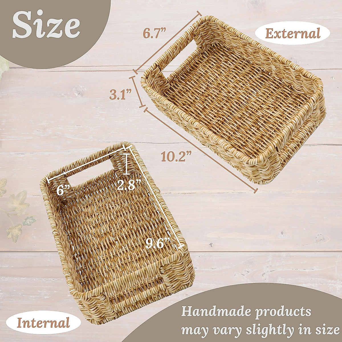 WeeNest Baskets for Organizing, Small Wicker Basket, Storage Baskets for Bathroom, Toilet Basket Tank Topper, Small Basket with Handle, Small Storage Baskets, Resin Wicker Set of 2, Oat Milk