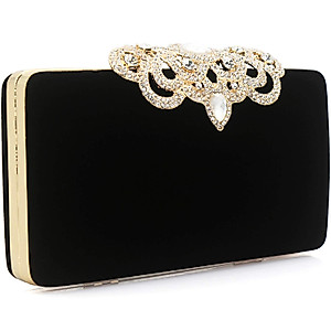 Dexmay Velvet Clutch with Rhinestone Crystal Crown Clasp Evening Bag for Formal Party Black Medium