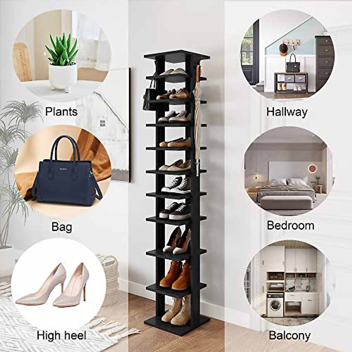 HOME BI 10 Tiers Vertical Shoe Rack, Tall Skinny Wooden Boot Shelf, Narrow Slim Shoe Tower, Free Standing Shoe Cabinet with Hooks for Entryway, Closets, Corner, Wall, Front Door, Outdoor, Black