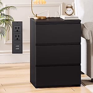 FOTOSOK Black Nightstand, 26" H Black Night Stand with Charging Station, Black Nightstand with USB Ports & Power Outlets, Silent Slides, Wooden End Side Table Bedside Table with 3 Drawers for Bedroom