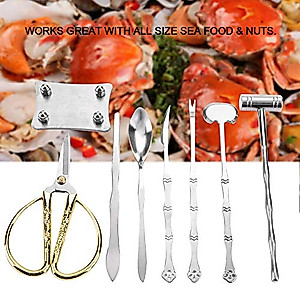 Crab Tool, 8Pcs Crab Leg Crackers and Tools Stainless Steel Nut Lobster Cracker Opener Set Seafood Claw Tool Set Hammer Spoon Shaving Scissors Axe Fork Tweezers Little Chopping Block with Package Box