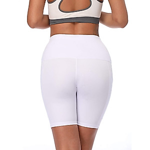 NELEUS Women's 3 Pack Athletic Shorts for Biker Running Yoga Gym Workout Tummy Control Workout with Pocket,1010,White/Blue/Navy,ID 2XL, US XL