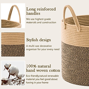 YOUDENOVA Blanket Basket Hamper for Living Room, Decorative Wicker Rope Basket for Blankets with Handles, Small Round Woven Laundry Basket, Cute Jute Hamper for Baby, Bedroom, Brown, 16" W × 14"L…