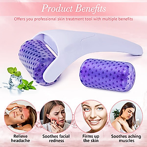 Ice Roller for Face and Eyes (2 premium roller heads included)- Face Ice Roller Massager to Reduce Puffiness around eyes and face, Migraine Pain, Wrinkles. Women's Gift idea. (Purple)