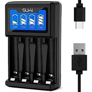 SUKAI 4 Bay AA AAA Battery Charger, USB High-Speed Charging, Independent Slot, for Ni-MH Ni-CD Rechargeable AA AAA Batteries, No Adapter
