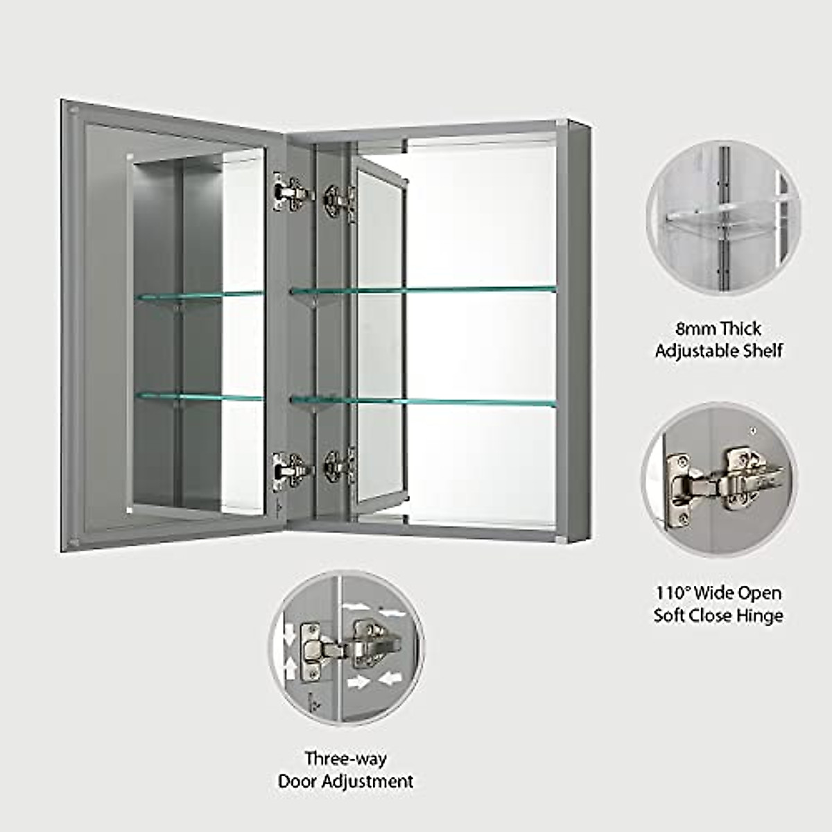 16 Inch x 20 Inch Aluminum Bathroom Medicine Cabinet, Recess Or Surface Mount