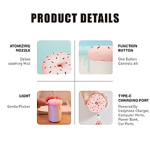 Portable Mini Cool Mist Humidifier - 250ml Small Diffuser with Night Light USB Personal Desktop Vaporizer for Plants Baby Bedroom Travel Office Home Auto Shut Off 2 Mist Modes Super Quiet Pink