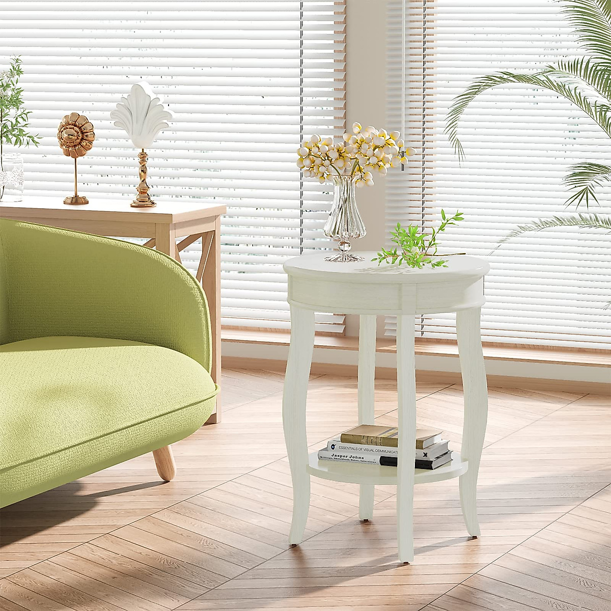 Acme Aberta Round Wooden End Table with Bottom Shelf in Antique White