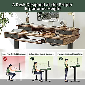 FEZIBO Height Adjustable Electric Standing Desk with 4 Drawers and Keyboard Tray, 55 x 24 Inch Table with Storage Shelf, Sit Stand Desk with Splice Board, Rustic Brown