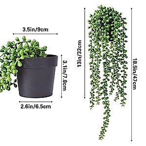 FUNARTY 2pcs Faux Plants Indoor — Artificial String of Pearls Plant in Black Pots, Realistic Green Fake Hanging Plants for Shelf Decor Desk Home Garden Decorations