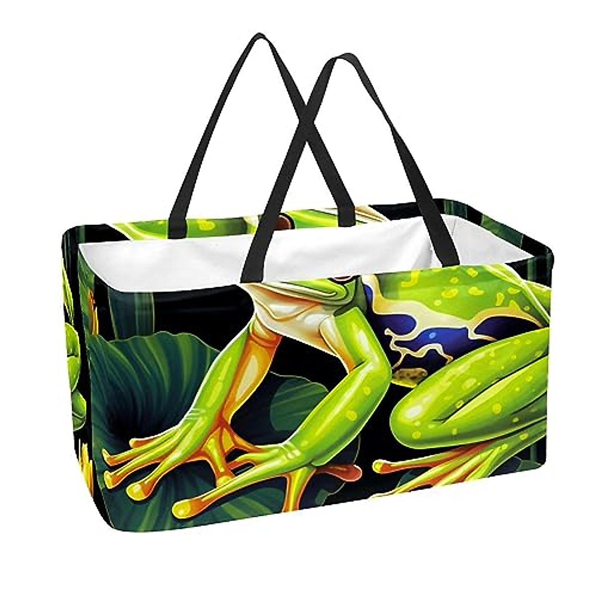 Reusable Grocery Bags Boxes Storage Basket, Red Eye Frog Pattern Collapsible Utility Tote Bags with Long Handle