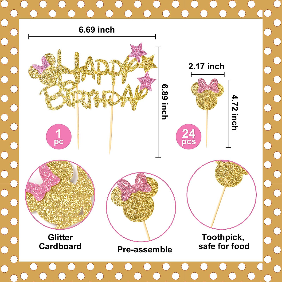 Wolpark 25Pcs Mouse Inspired Cupcake Toppers with Pink Bow Glitter Gold Mouse Cupcake Picks Happy Birthday Cake Topper with Star Mouse Birthday Decorations Party Supplies Wedding Baby Shower