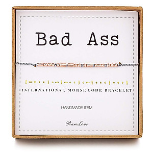 RareLove Bad Ass Morse Code Bracelets Inspirational Friendship Gift For Women Rose Golden Beads Grey String Bracelet
