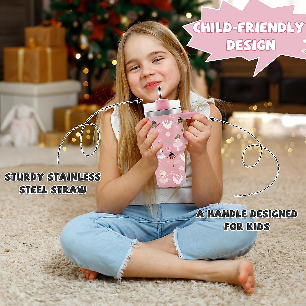 Ballerina Gifts for Girls, Pink Ballerina Tumbler with Handle and Straw for Kids, Insulated Stainless Steel Travel Mugs, Birthday Valentines Day Gifts for Dance Lover Girls Women Dancer