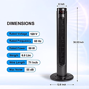 Simple Deluxe 36 Inch High Efficiency Cooling Tower Fan with 3 Speed Settings and 15 Hour Timer, 70 Degree Auto Oscillating with Remote, Standing Fan for Bedroom Home Office