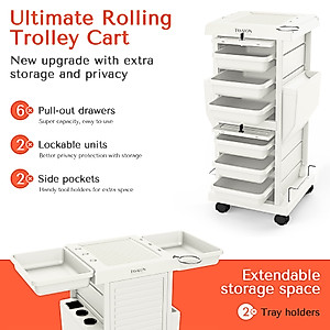 TASALON Ultimate Salon Trolley Cart for Salon Station Space Saving Salon Rolling Cart for Extra Storage Hair Salon Beauty Cart New upgrade Lockable 6 Trays 2 Tray Holders Multipurpose Tool Cart -White