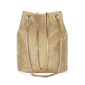 Rhinestone Evening Party Bags for Women Sparkly Gold Clutch Crystal Bucket Purse Wedding Purses Wallet Fancy Desinger Handbags Bing Glitter Shoulder Bags for Cocktail Prom Night Out Small Tote Bag