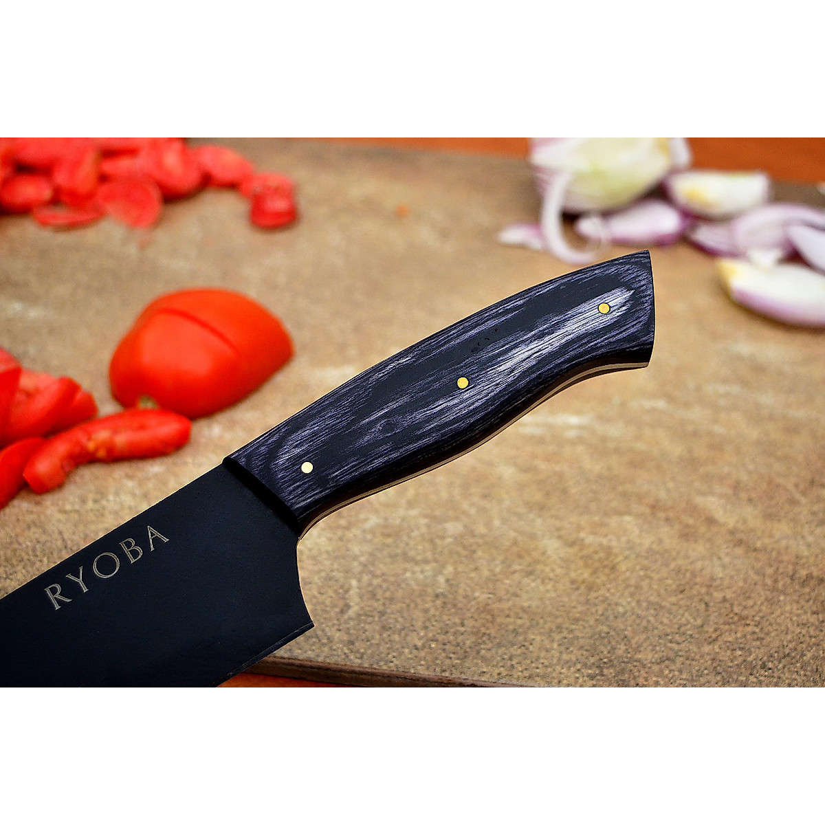 RYOBA Chef Knife 8 inch Kitchen Knife Ultra Sharp High Carbon Stainless steel Japanese chef knife with Finger Guard-Titanium Plated Black Chef Knife WITH Sheath and Sharpener in Gift Box