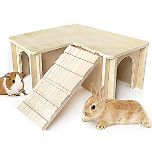 Chngeary Guinea Pig Hideout and House: Multi Chamber Wooden Guinea Pig Castle with Ladder, Cage Accessories for Chinchilla Dwarf Rabbits Hamster Bunny and Others