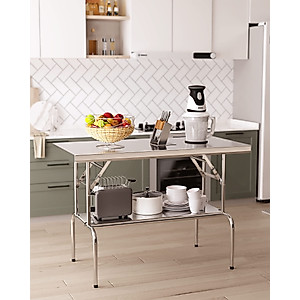 Garvee Stainless Steel Folding Table 48" x 24" with Undershelf, [NSF Certified][Heavy Duty] Commercial Kitchen Prep Table for Home, Restaurant, Hotel