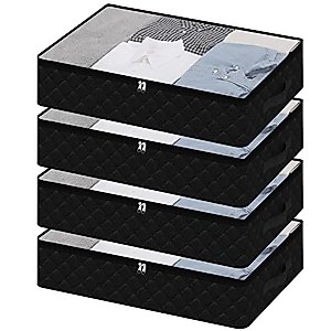Fixwal 4 Pack Black Underbed Storage Bags with Clear Window and 2 Reinforced Handles Under Bed Storage Containers for Clothing, Bedding, Comforter