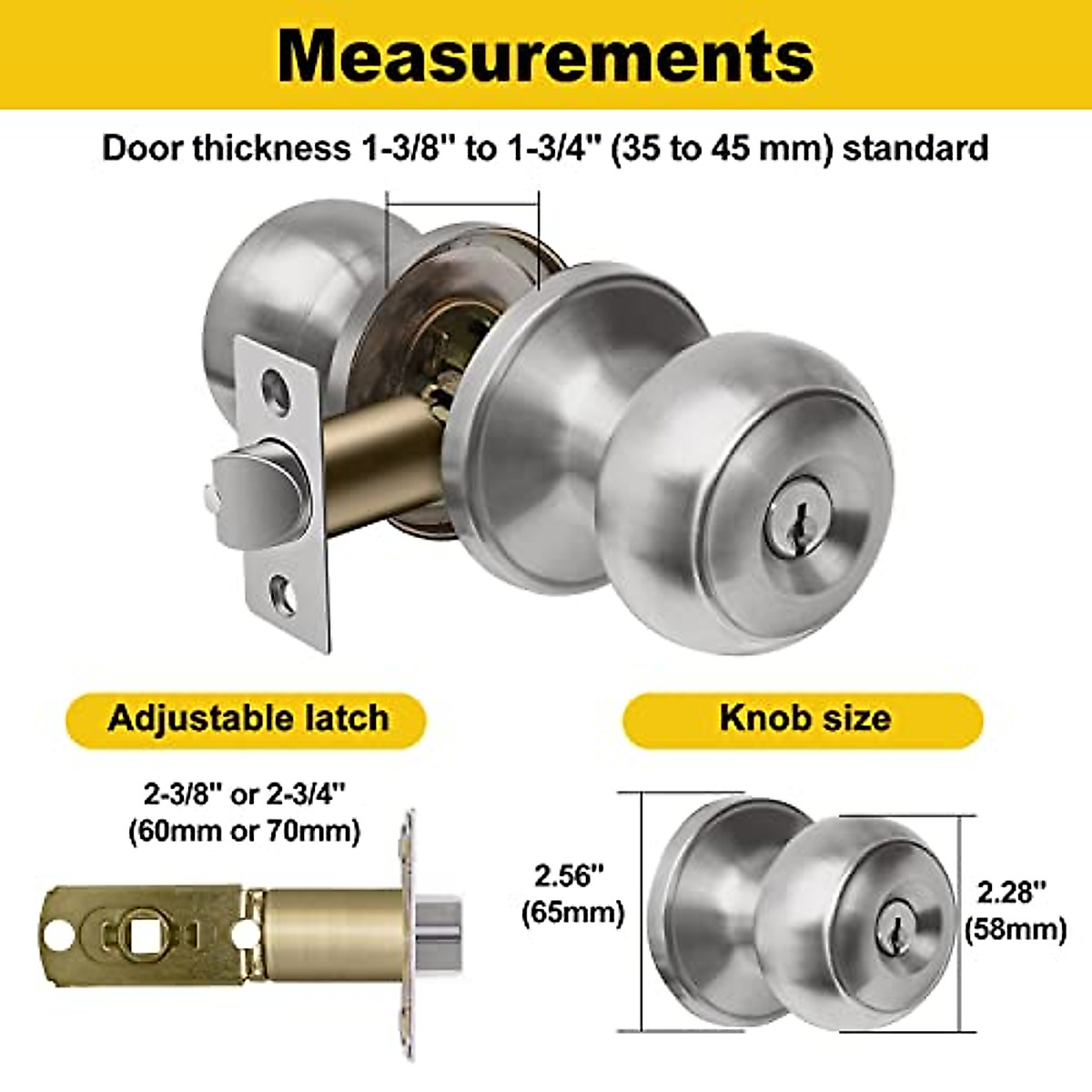 CML Hardware Keyed Entry Door Knob Set, Entrance Door Lock in Solid Stainless Steel for Exterior and Interior, Round Ball Handle, 1 Pack