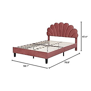Harper & Bright Designs Full Size Upholstered Platform Bed with Flower Pattern Velvet Headboard, Bean Paste Red