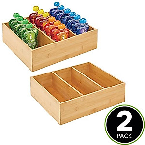 mDesign Bamboo Kitchen Pantry Organizer Bin Box, 3 Sections - Wooden Stackable Basket Crates for Food, Produce, Vegetable Storage - Use on Shelves or in Closet, Echo Collection, 2 Pack - Natural/Tan