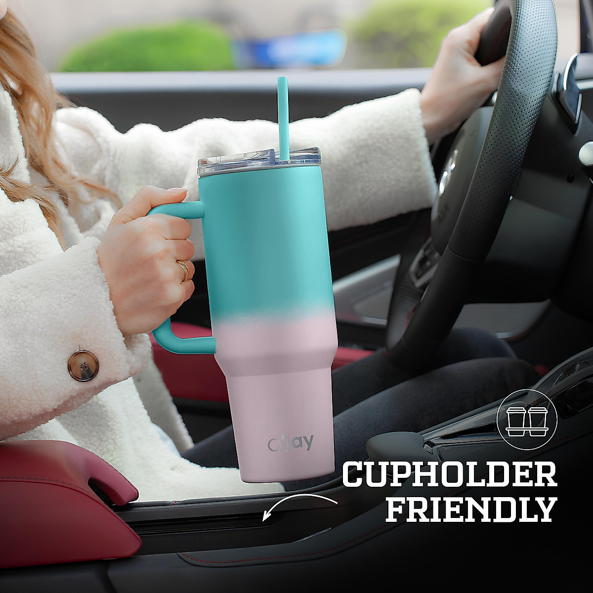 O'JAY 40oz Stainless Steel Insulated Travel Mug - Leak-Proof Straw Lid, Cupholder Friendly, Dreamy Green-Pink