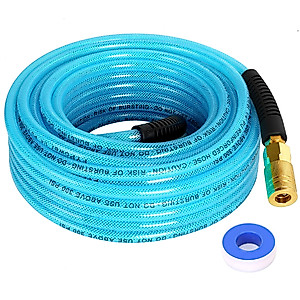 FYPower Air Compressor Hose 1/4 Inch x 50 Feet Reinforced Polyurethane (PU) Air Hose with Fittings, Bend Restrictors, 1/4" Industrial Quick Coupler and Plug Kit, Blue