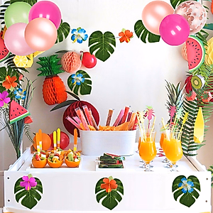 Tropical Luau Birthday Party Balloons, 60 pcs Pink Green Rose Gold Confetti Balloons with Palm Leaves for Tropical Birthday Party Hawaii Luau Summer Party Decoratoins.