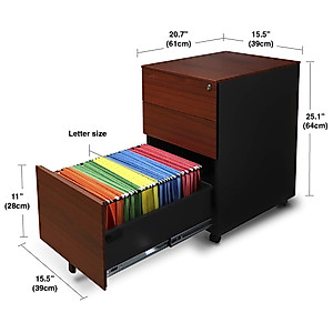 Aurora Mobile File Cabinet 3-Drawer Metal with Lock Key Sliding Drawer, Metallic Charcoal/Red Teak, Fully Assembled, Ready to Use