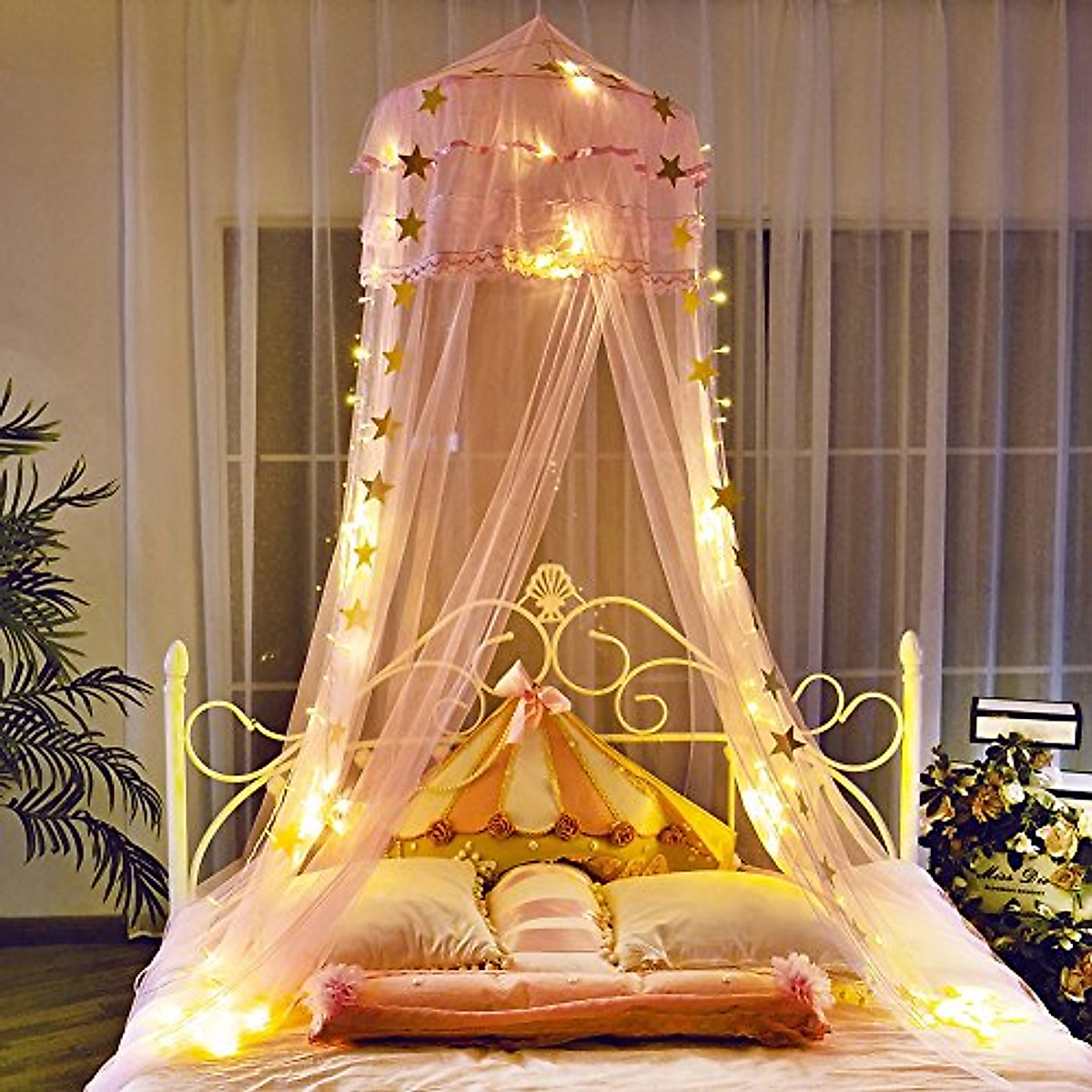 Twinkle Star Kids Netting Princess Bed Canopy 3 Layers Lace Ruffle Dome for Baby, Girls (Pink)