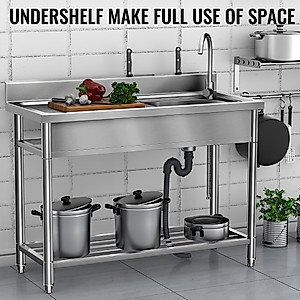 LAFATI Stainless Steel Sink, 304 SUS Free Standing Kitchen Sink Single Bowl With Large Work Station Cold and Hot Water Pipe Undershelf Faucet Drainboard (47 Inch Right Bowl)