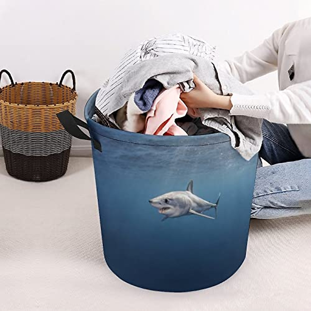 Shortfin Shark Under The Sea Large Laundry Basket Hamper Bag Washing with Handles for College Dorm Portable