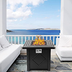 Gas Fire Pit Table, hOmeHua 28 inch Square Auto-Ignition Outdoor Propane Firepit with Cover and Lava Rock,Thick & Strong Striped Steel Tabletop,2 in 1 Fire Table for Patio/Backyard/Party/Deck (Black)