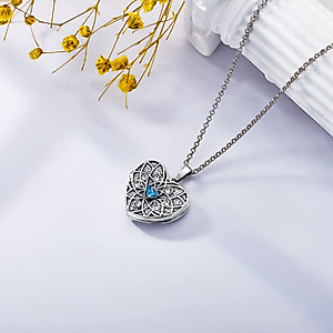 Shusukue Lotus Locket Necklace That Holds Pictures Personalized Birthstone Heart Locket Necklace Boho Flower Pendant Necklace 925 Sterling Silver Mother’s Day Jewelry Gift for Women