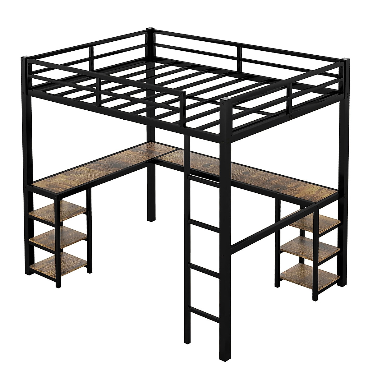 Hlcodca Full Size Loft Bed with Desk, Metal Loft Bed Frame with Storage Shelves, Heavy-Duty Kids Loft Beds with Ladder & L-Shape Desk for Boys Girls Teens